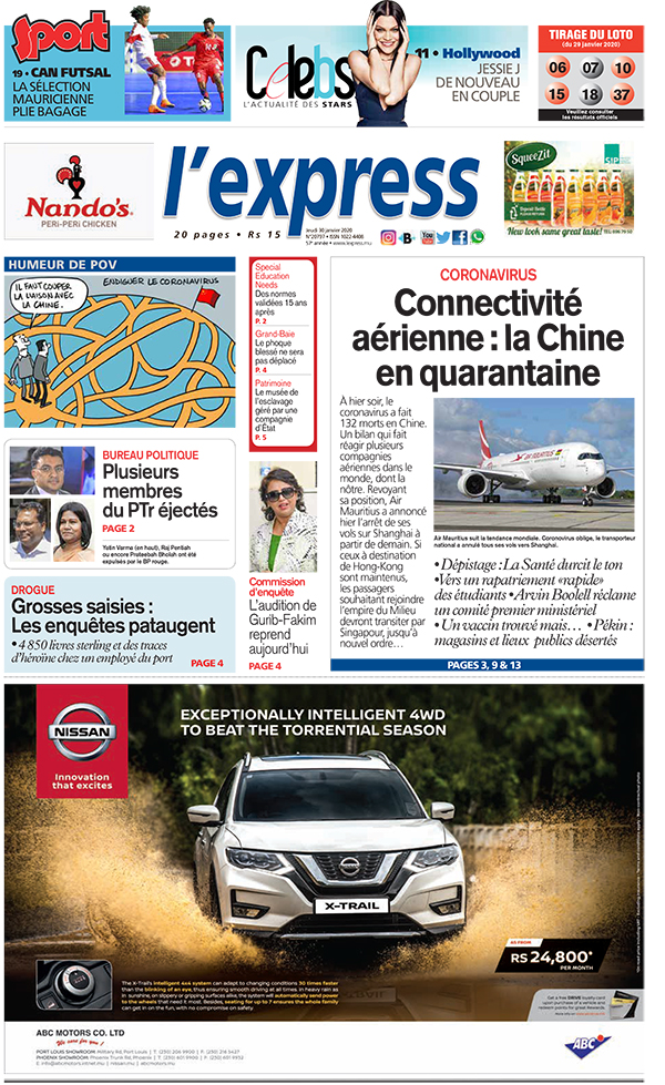 Les grands titres de l’express du jeudi 30 janvier 2020