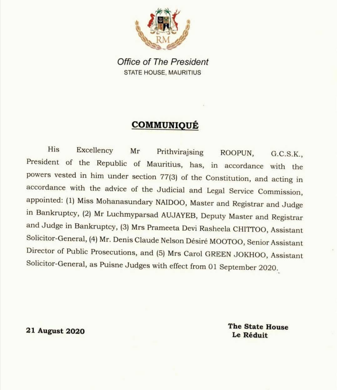 Cinq nouveaux Puisne Judges nommés